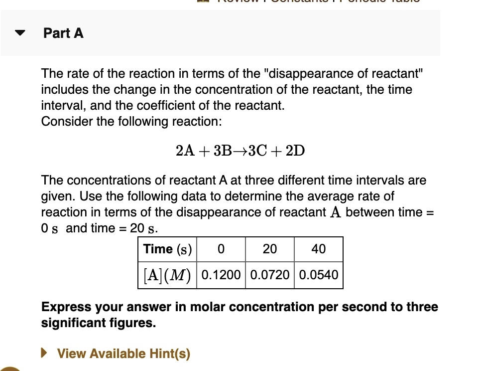 Part A The rate of the reaction in terms of the "disappearance of reactant" includes the change ...