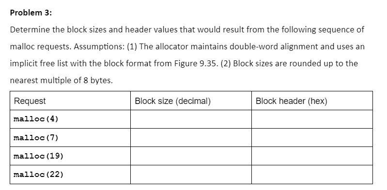 SOLVED: Texts: Problem 3: Determine the block sizes and header values that would result from the ...