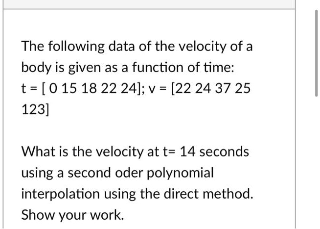 The following data of the velocity of a body is given as a function of ...