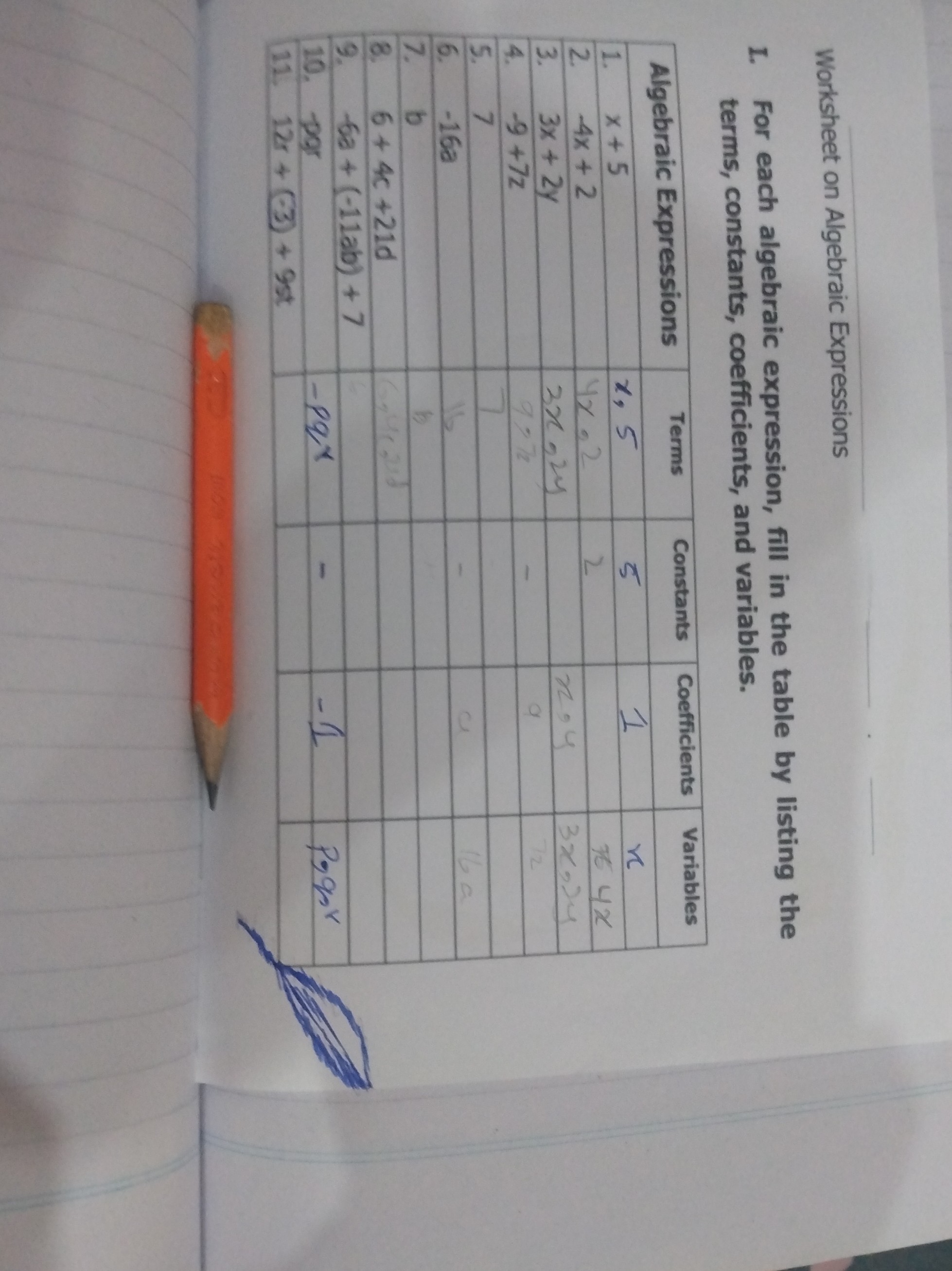 SOLVED: Worksheet on Algebraic Expressions L. For each algebraic ... SOLVED: Worksheet on Algebraic Expressions L. For each algebraic ...
