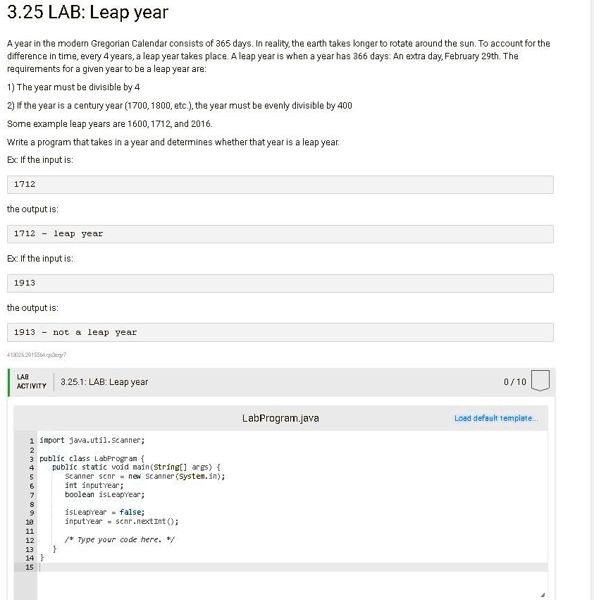 in java 325 lableap year a year in the modern gregorian calendar ...