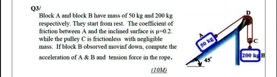 q3 block a and block b have mass of 50 kg and 200 kg respectively they start from rest the ...