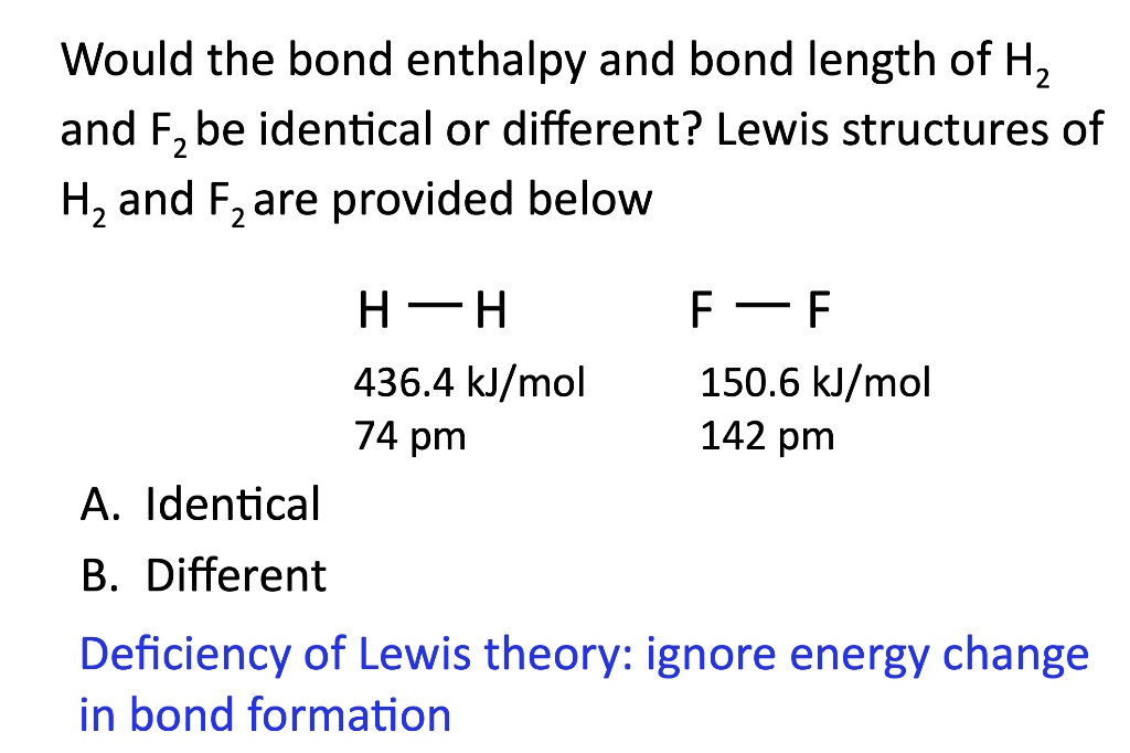 SOLVED: Would the bond enthalpy and bond length of H2 and F2 be ...