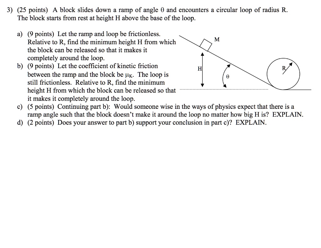 3) (25 points) A block slides down a ramp of angle θ and encounters a ...
