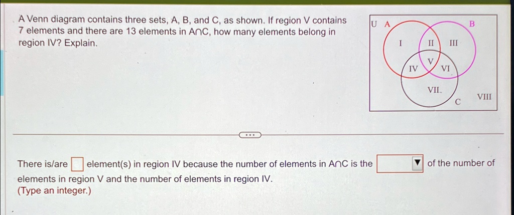 SOLVED: A Venn diagram contains three sets, A, B, and C, as shown. If ...