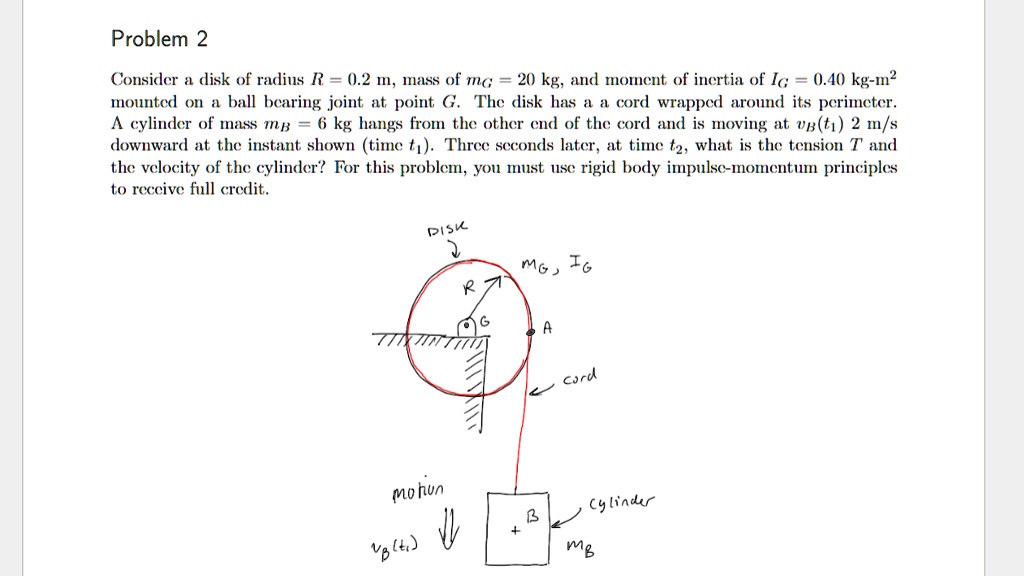 SOLVED: Problem 2 Consider a disk of radius R = 0.2 m, mass of m = 20 kg, and moment of inertia ...