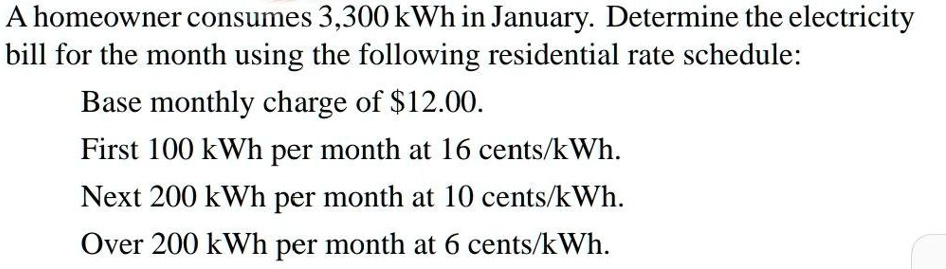 A homeowner consumes 3,300 kWh in January. Determine the electricity ...