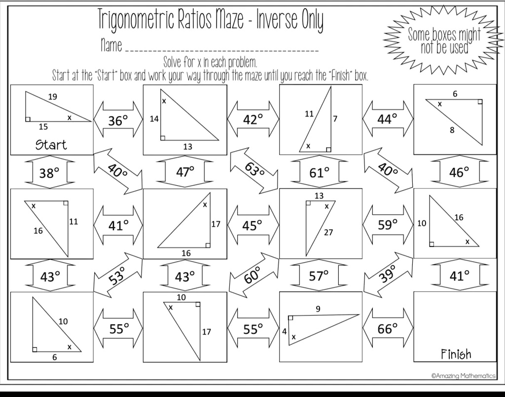 Trigonometric Ratios Maze - Inverse Only Name Solve for x in each ...