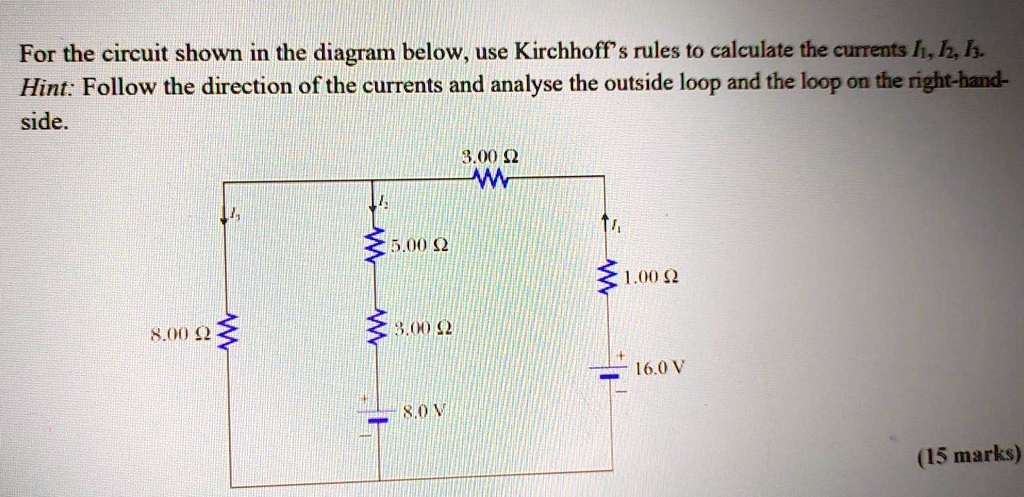 For the circuit shown in the diagram below, use Kirchhoff's rules to calculate the currents I1 ...