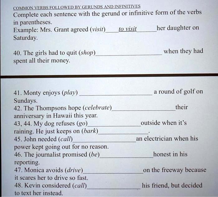 COMMON VERBS FOLLOWED BY GERUNDS AND INFINITIVES Complete...