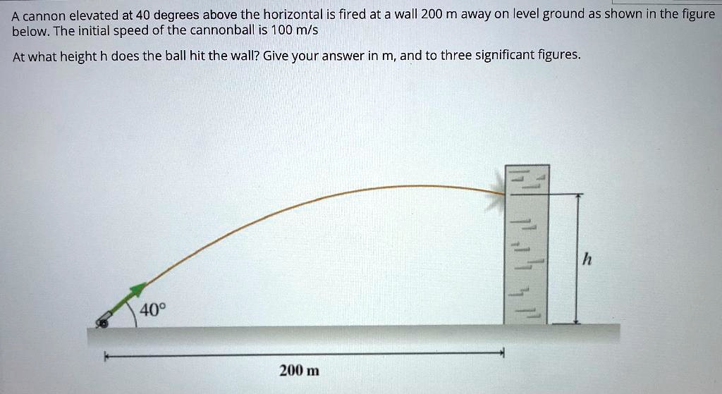 SOLVED: A cannon elevated at 40 degrees above the horizontal is fired at a wall 200 m away on ...