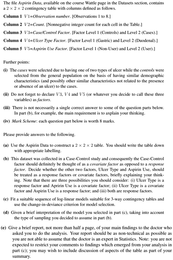 SOLVED: The file Aspirin Data, available on the course Wattle page in the Datasets section ...