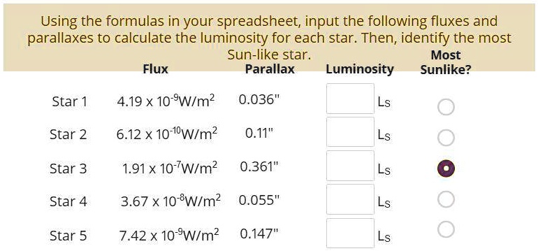using the formulas in your spreadsheet input the following fluxes and parallaxes to calculate ...