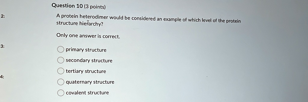 question 10 3 points a protein heterodimer would be considered an ...
