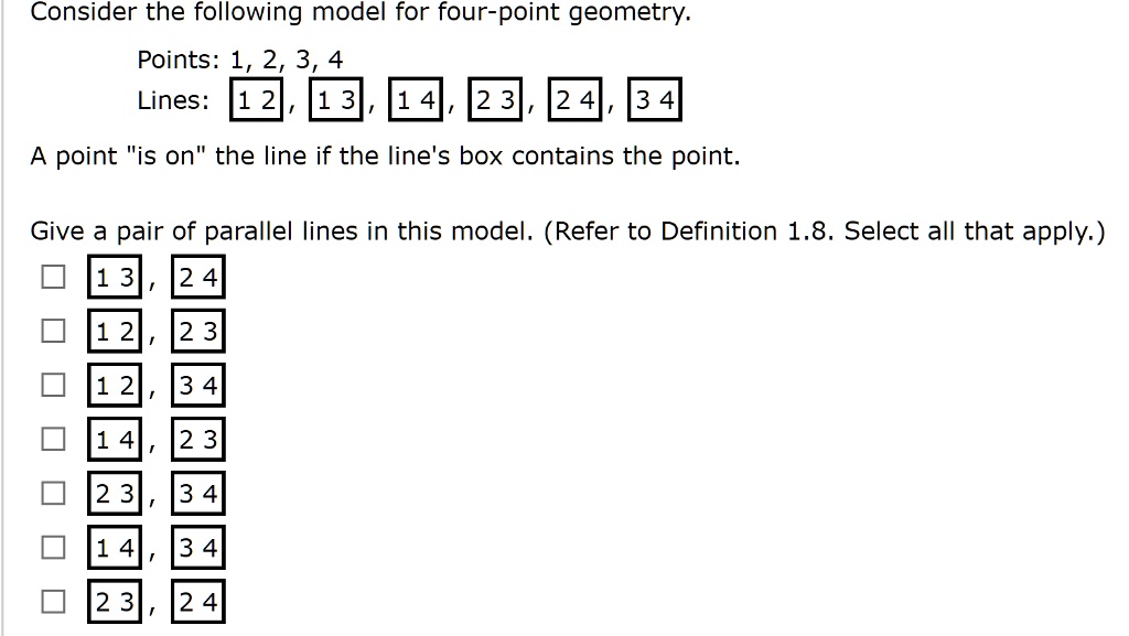 SOLVED: Consider the following model for four-point geometry. Points: 1 ...