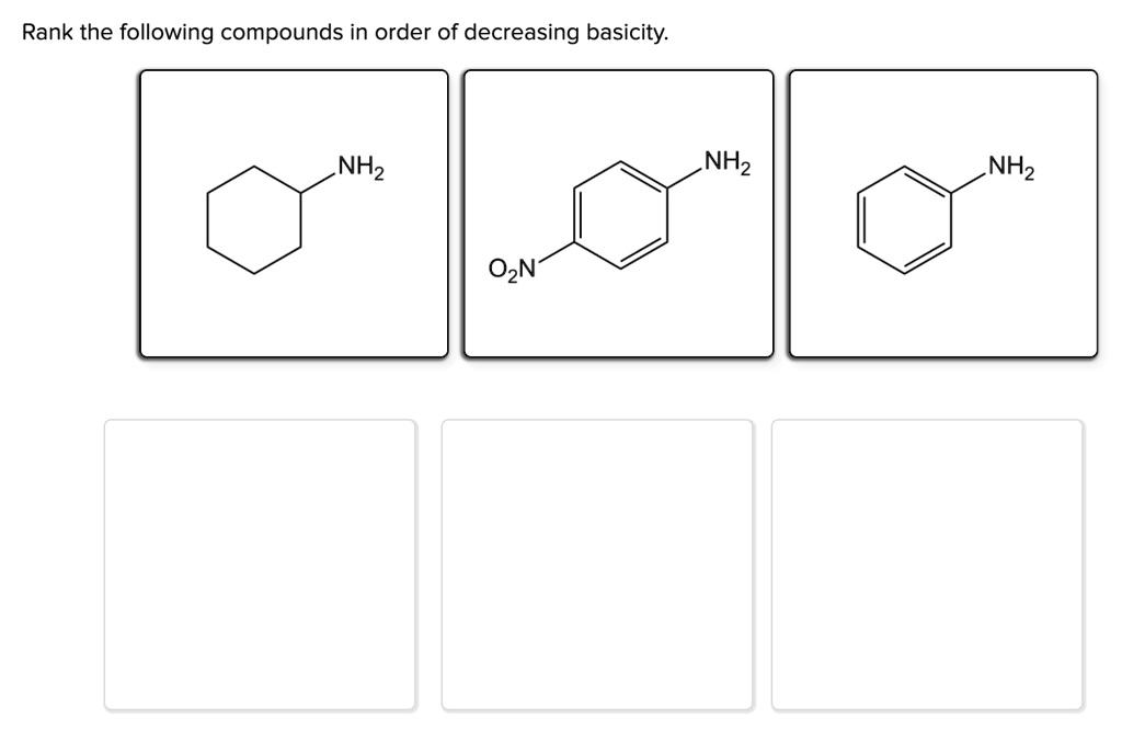 SOLVED: Rank the following compounds in order of decreasing basicity: NHz O2N- NH2 NH2