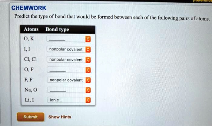 chemwork predict the type of bond that would be formed between each of ...