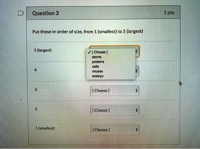 SOLVED: Question 3 1ptsl Put these in order of size, from 1 (smallest ... SOLVED: Question 3 1ptsl Put these in order of size, from 1 (smallest ...