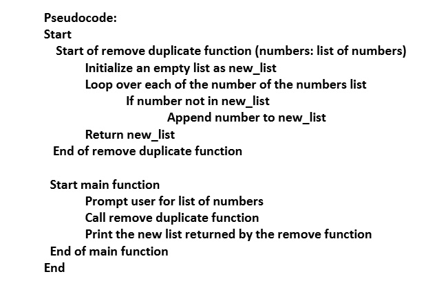 Video Solution Pseudocode Start Of Remove Duplicate Function Numbers List Of Numbers 