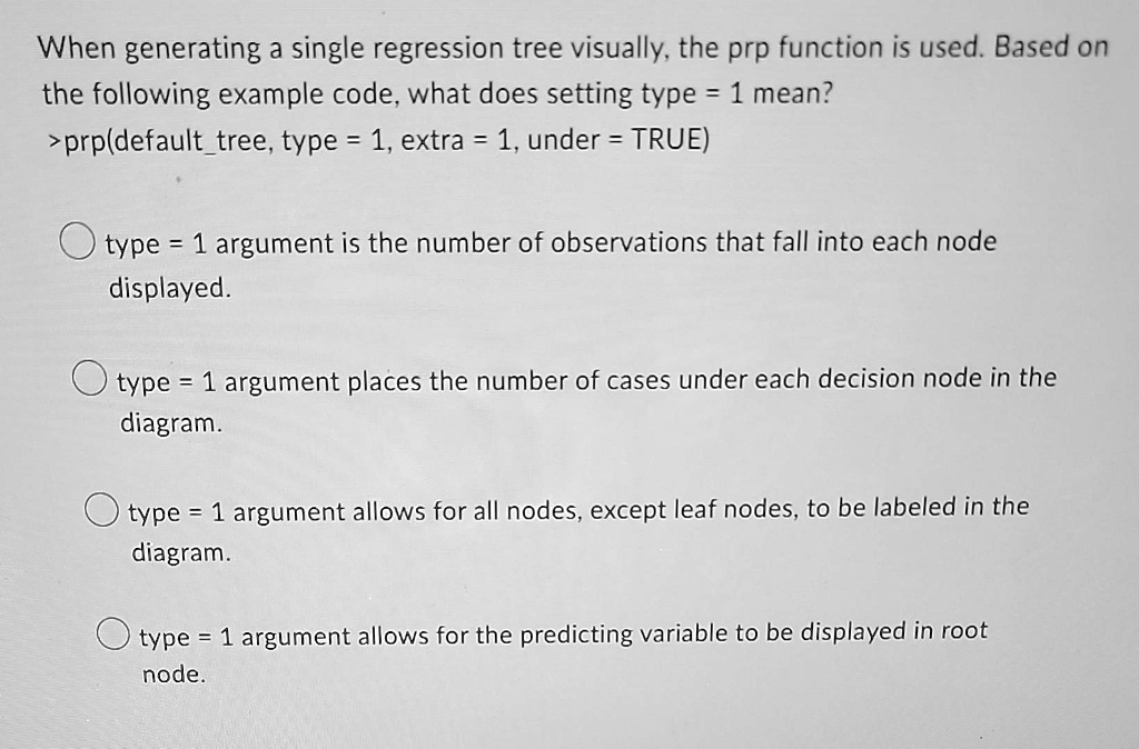 SOLVED: When generating a single regression tree visually, the prp function is used. Based on ...