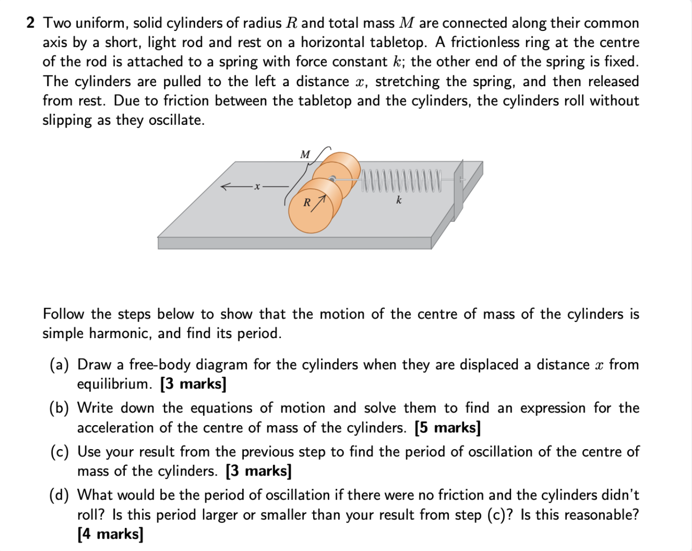 SOLVED: 2 Two uniform, solid cylinders of radius R and total mass M are connected along their ...