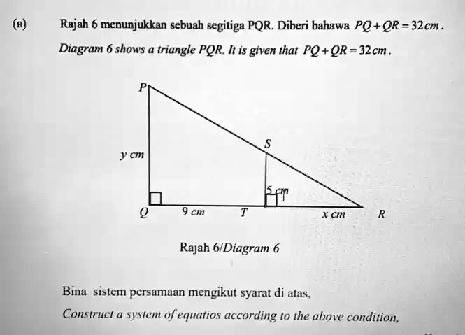 Rajah 6 menunjukkan sebuah segitiga PQR. Diberi bahwa PQ+QR = 32cm ...