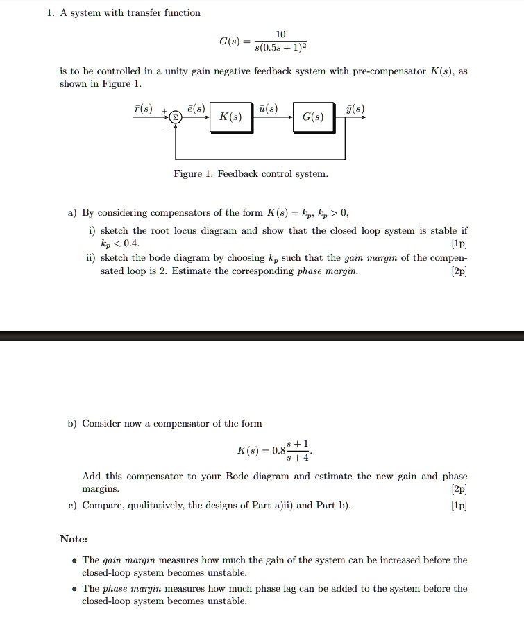 SOLVED: 1. A system with transfer function G(s) 8(0.58 + 1)2 is to be controlled in unity gamn ...