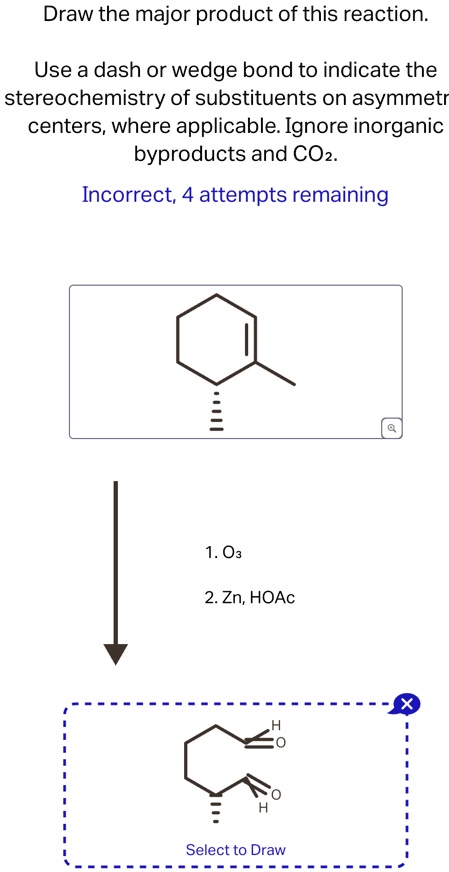 Draw the major product of this reaction. Use a dash or wedge bond to ...