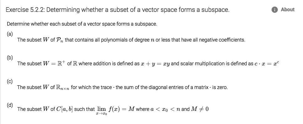 Solved Exercise 5 2 2 Determining Whether A Subset Of A Vector Space Forms A Subspace About