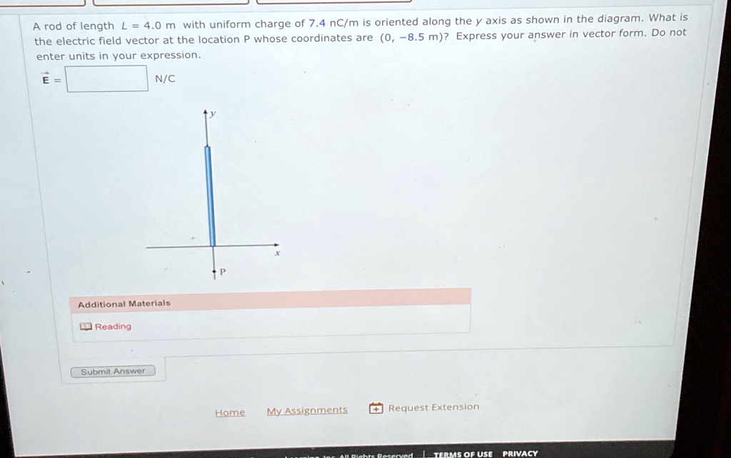 SOLVED: A rod of length L=4.0m with uniform charge of 7.4n(C)/(m) is ...