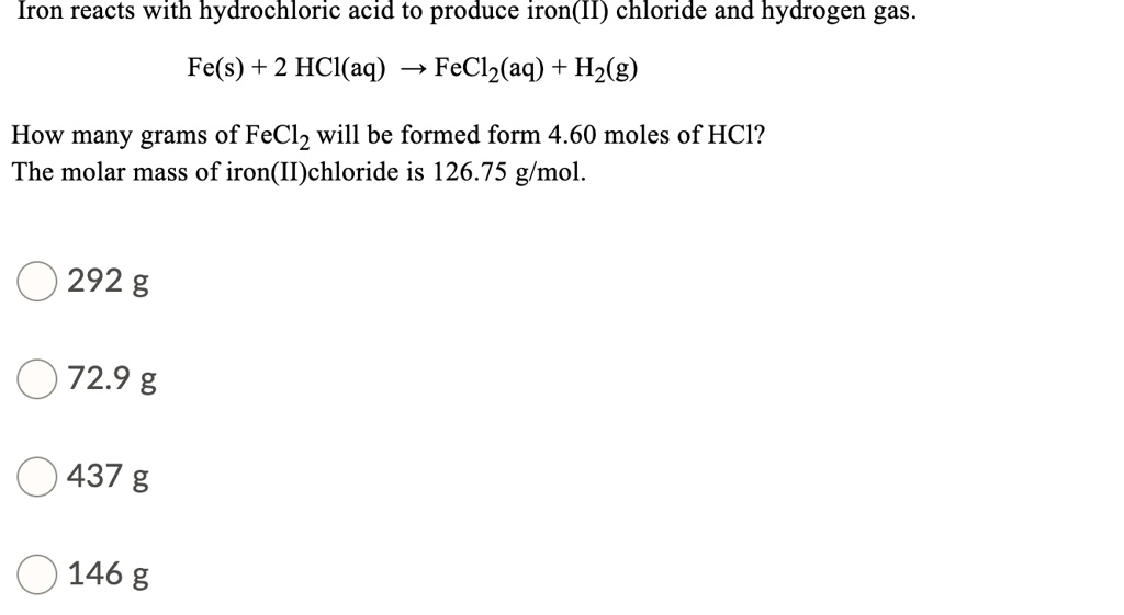 iron reacts with hydrochloric acid to produce ironil chloride and ...
