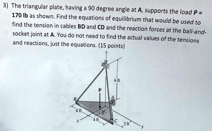 3) The triangular plate, having a 90 degree angle at A, supports the ...