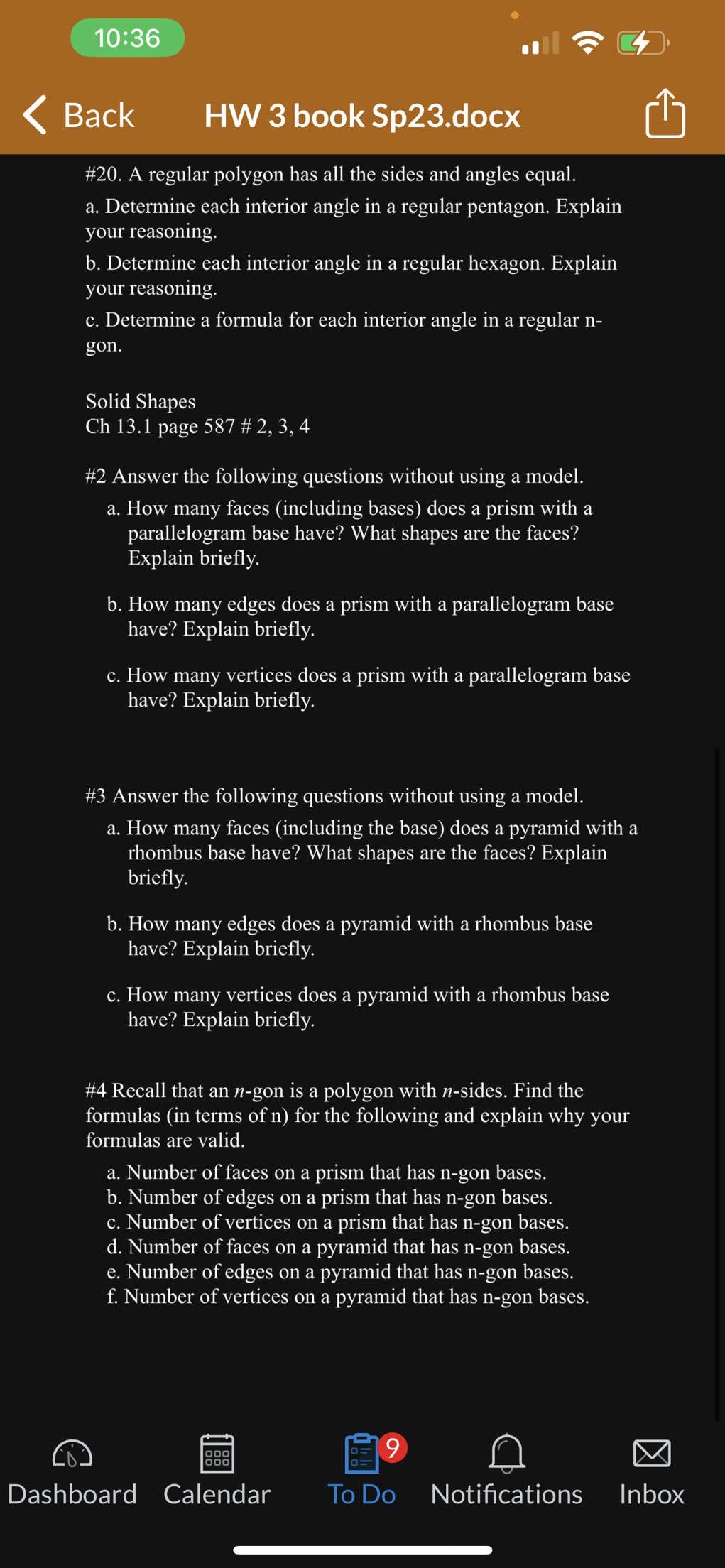 Solved 10 36 Back Hw 3 Book Sp23docx 20 A Regular Polygon Has All The Sides And Angles