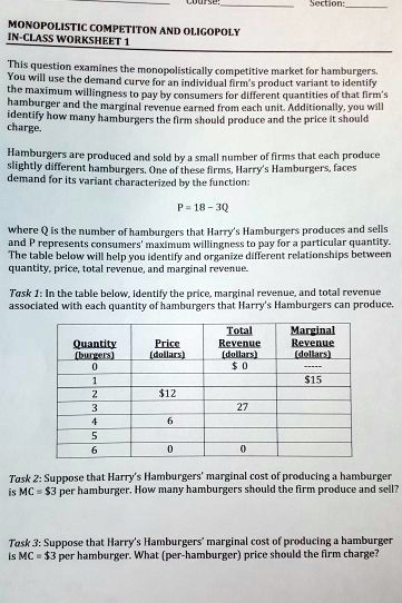 Section: MONOPOLISTIC COMPETITON AND OLIGOPOLY IN-CLASS WORKSHEET 1 ...