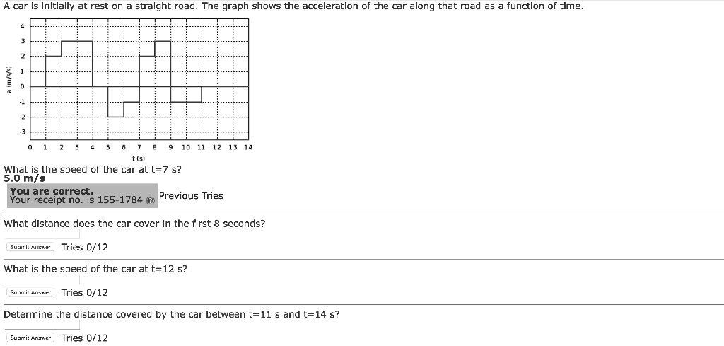 SOLVED: A car is initially at rest on a straight road. The graph shows the acceleration of the ...
