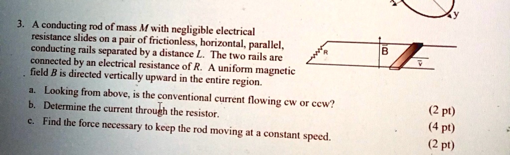 SOLVED: conducting rod of mass M with negligible electrical resistance slides on a pair of ...