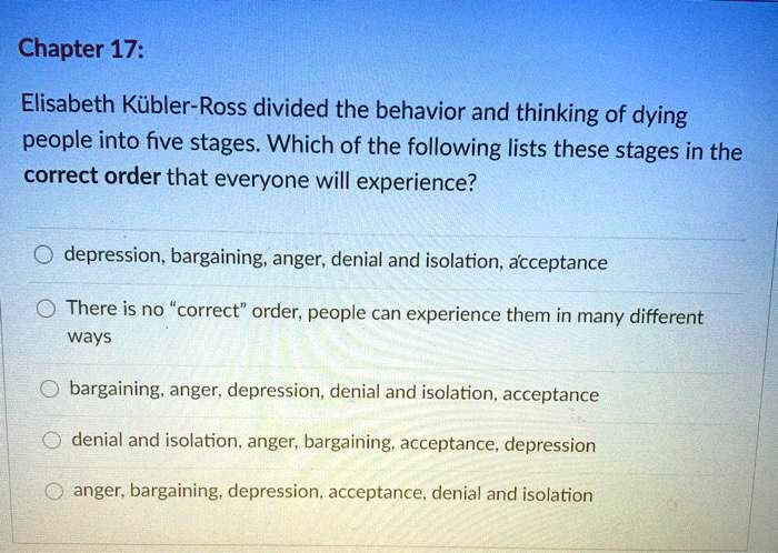 SOLVED: Chapter17: Elisabeth Kubler-Ross divided the behavior and ...