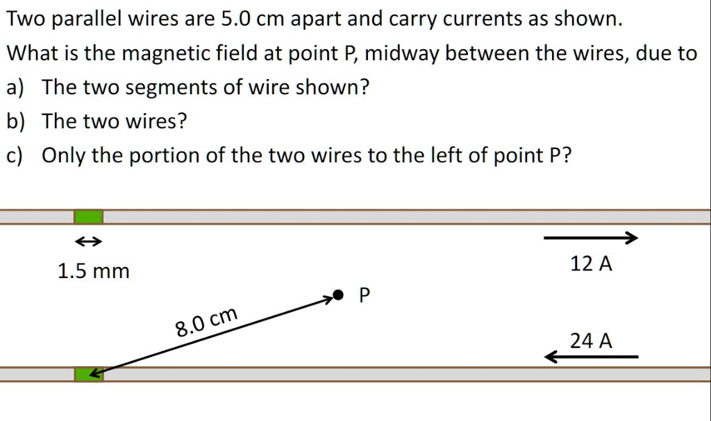 SOLVED: Two parallel wires are 5.0 cm apart and carry currents as shown ...