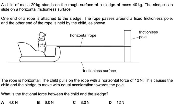 A child of mass 20 kg stands on the rough surface of a sledge of mass ...