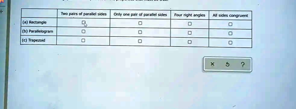 (a) Rectangle (b) Parallelogram (c) Trapezoid Two pairs of parallel ...