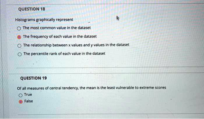 SOLVED: QUESTION 18 Histograms graphically represent The most common value in the dataset The ...