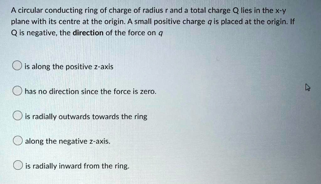 SOLVED: A circular conducting ring of charge with a radius r and a ...