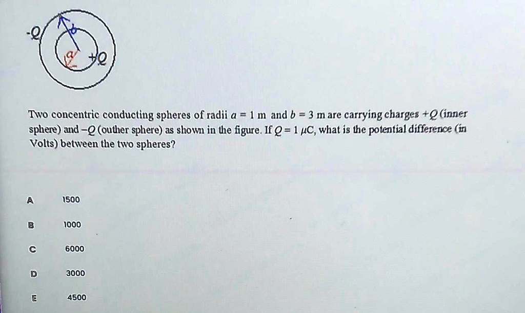 SOLVED: Texts: Two concentric conducting spheres of radii a = 1 m and b = 3 m are carrying ...