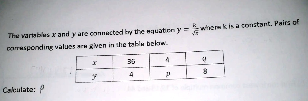 SOLVED: where k is a constant: Pairs of The variables x and y are connected by the equation y ...