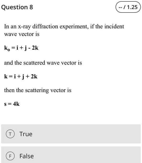 Question 8 In an x-ray diffraction experiment, if the incident wave vector is 𝐤0 = 𝐢 + 𝐣 - 2𝐤 ...