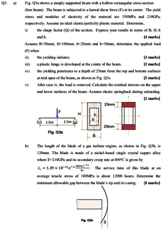 SOLVED: Q3. a) Fig.Q3a shows a simply supported beam with a hollow rectangular cross-section ...