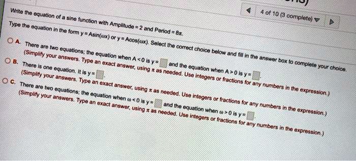 write the equnton 40f 10 3 sina function complete type tho oquation ...