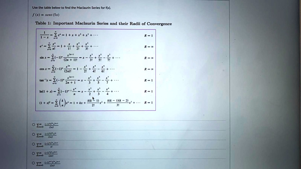 SOLVED: Use the table below find the Maclaurin Series for fx) f (x) Uco (Sx) Table 1: Important ...