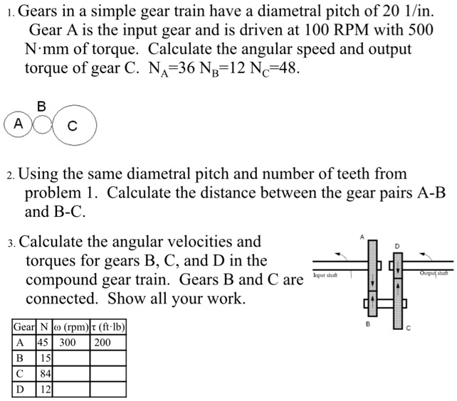 1. Gears in a simple gear train have a diametral pitch of 20 1/in. Gear A is the input gear and ...