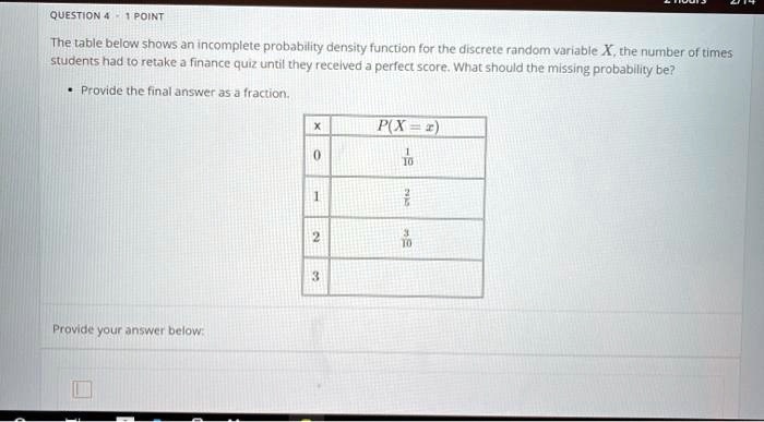 SOLVED: Point The table below shows an incomplete probability density function for the discrete ...